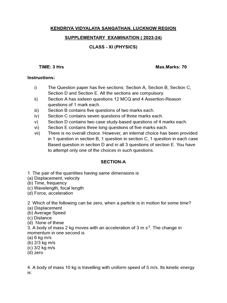 Class 11 Physics Supplementary Paper 2023 | PDF | Rotation Around A ...