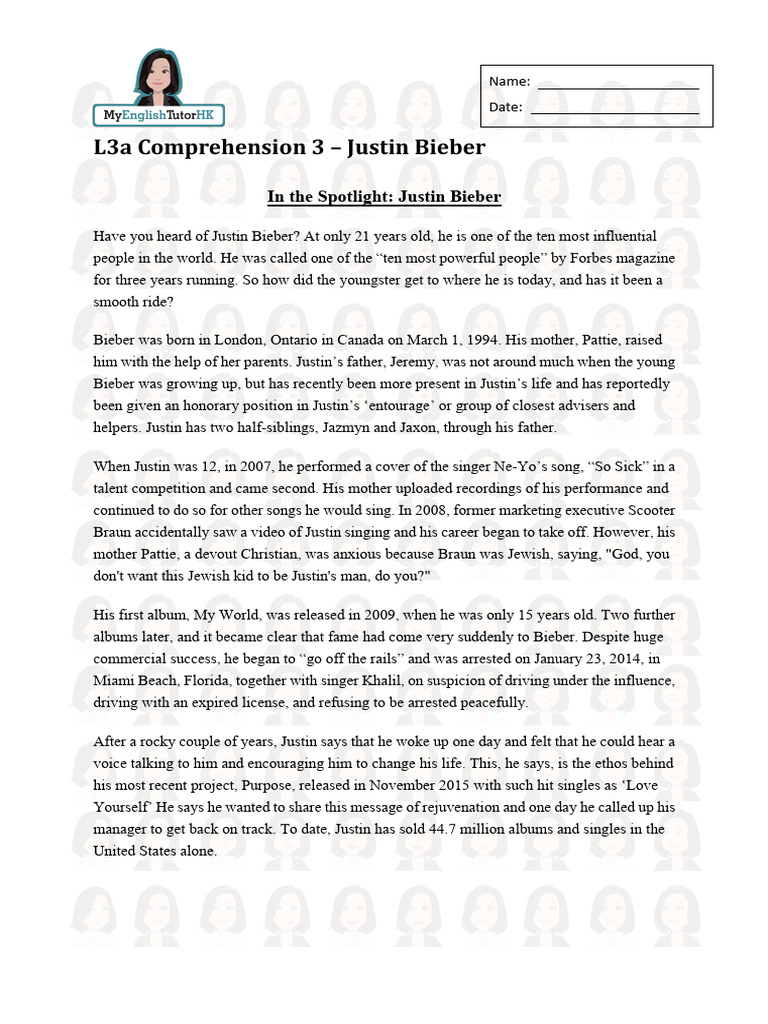 L3a Comprehension 3 JustinBieber 28392020 | PDF | Justin Bieber
