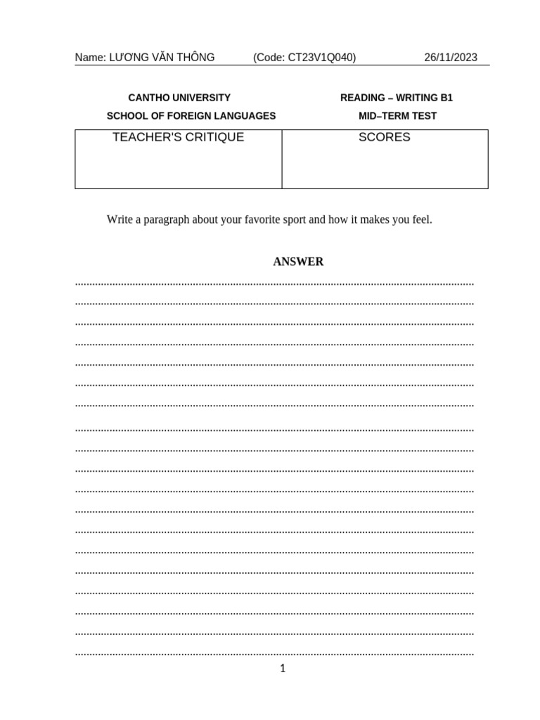 Mid-Term Test: B1 Writing Assessment | PDF