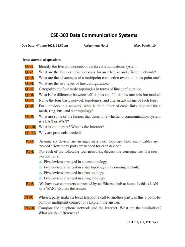 CSE-303 Data Communication Assignment 2 | PDF