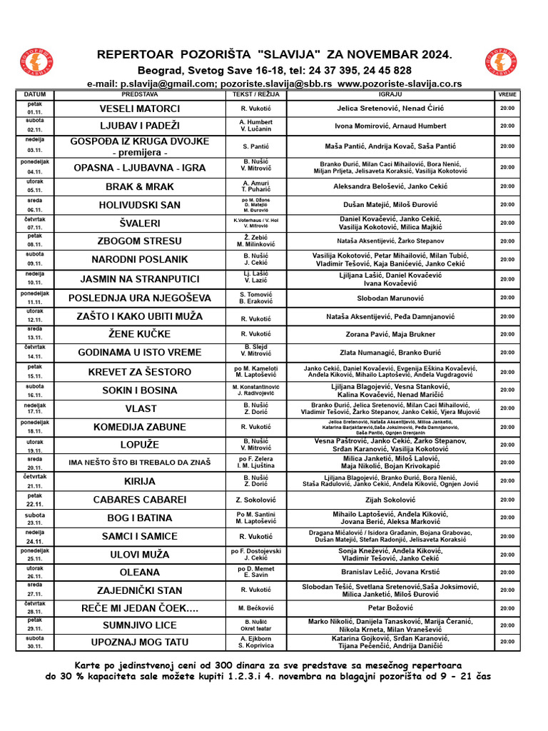 Repertoar Za Novembar 2024 | PDF