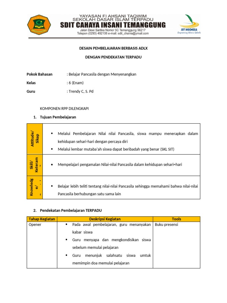 RPP PKN KELAS 6 TERPADU Belajar Pancasila Dengan Menyenangkan | PDF