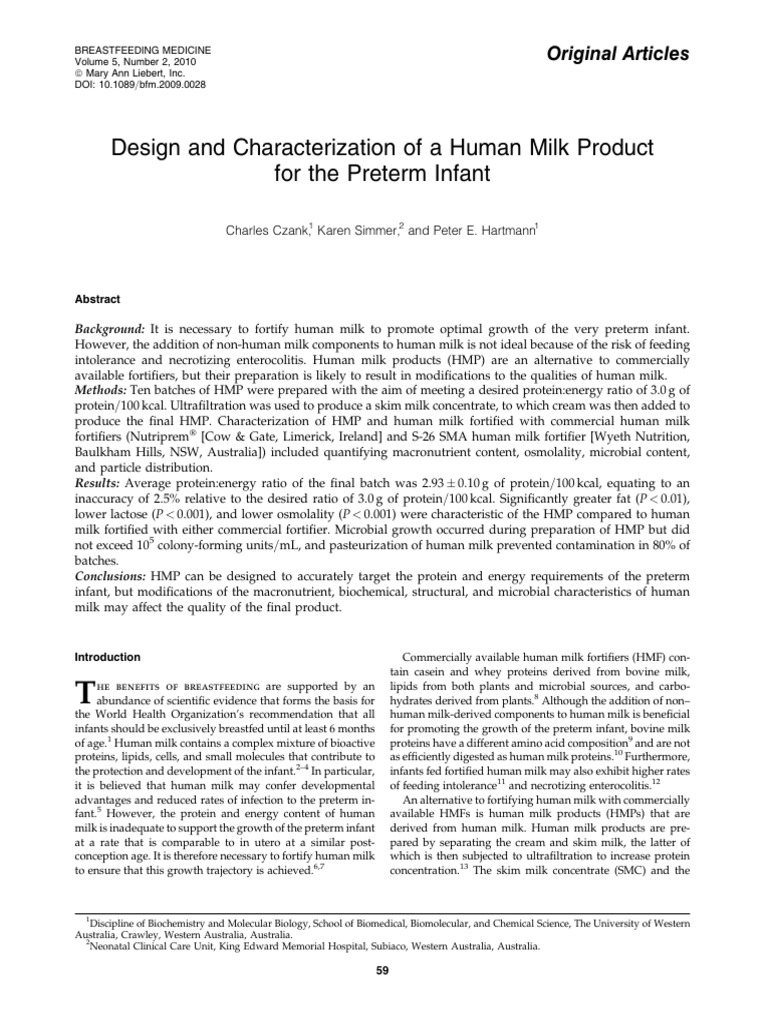 Design and Characterization of a human milk production for the preterm ...