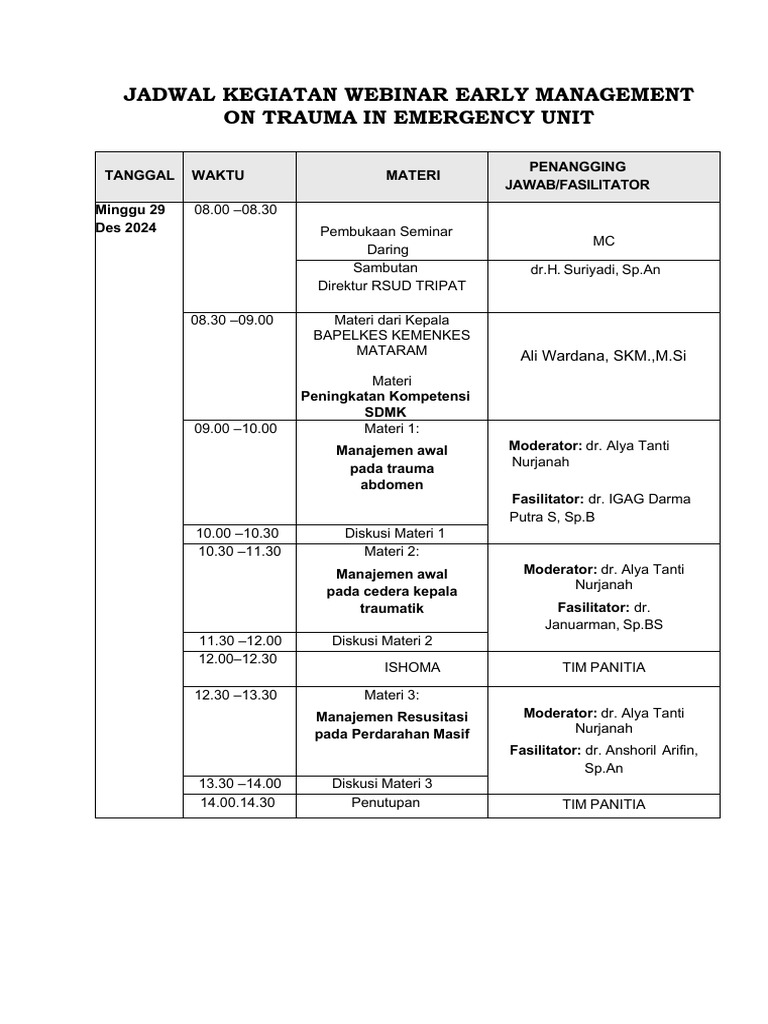 Rundown Webinar Early Management On Trauma - Revisi | PDF