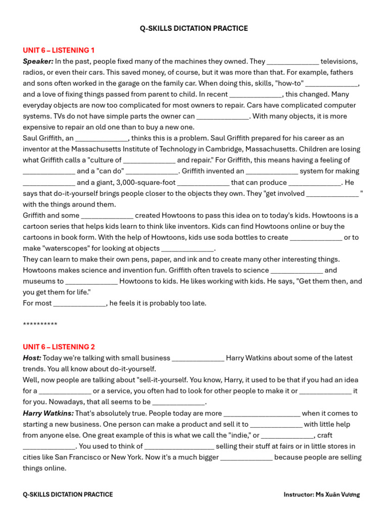 Q-Skills Dictation Practice (Handout) | PDF | Second Life | Pacific Ocean
