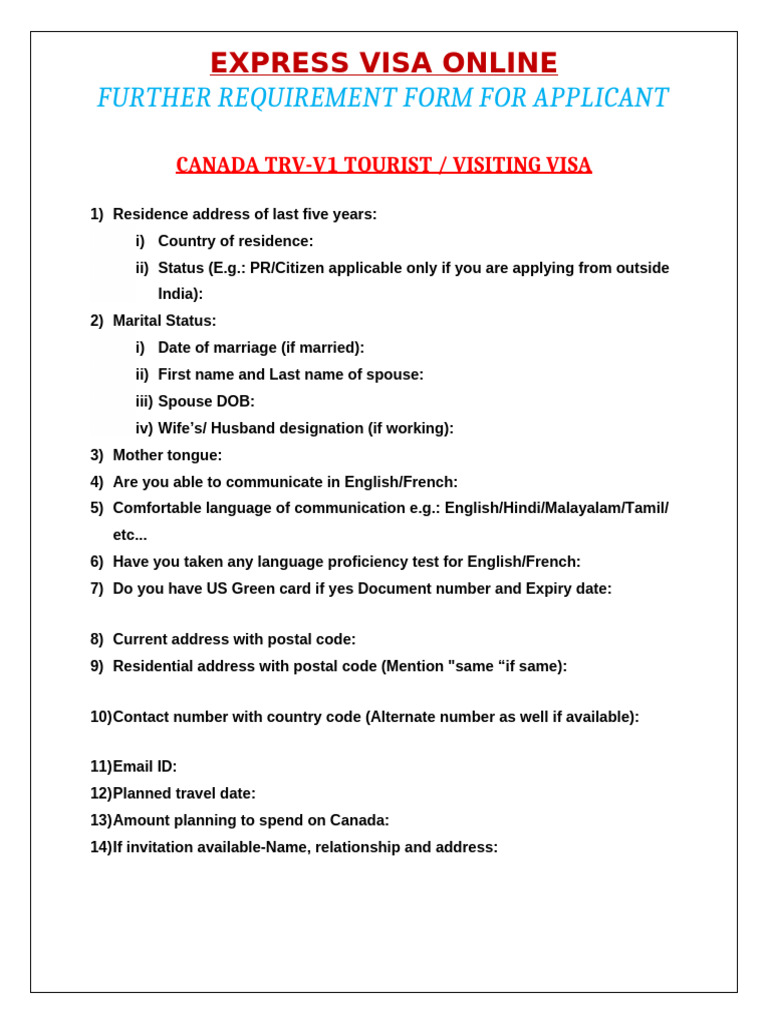 Canada - Further Requirement Form | PDF