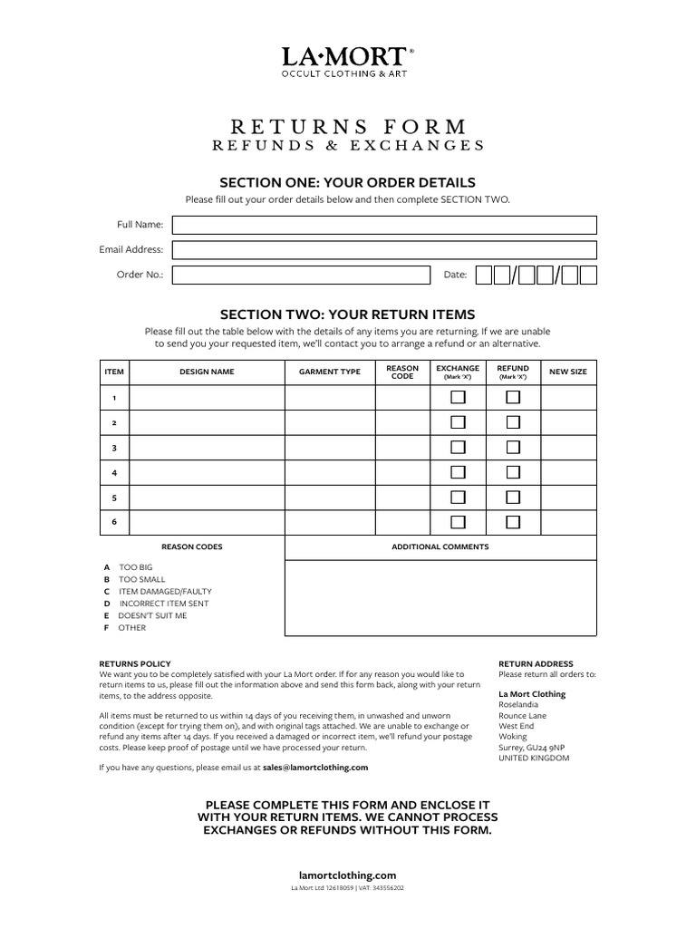 La Mort Clothing Returns Form Fillable | PDF | Clothing | Fashion