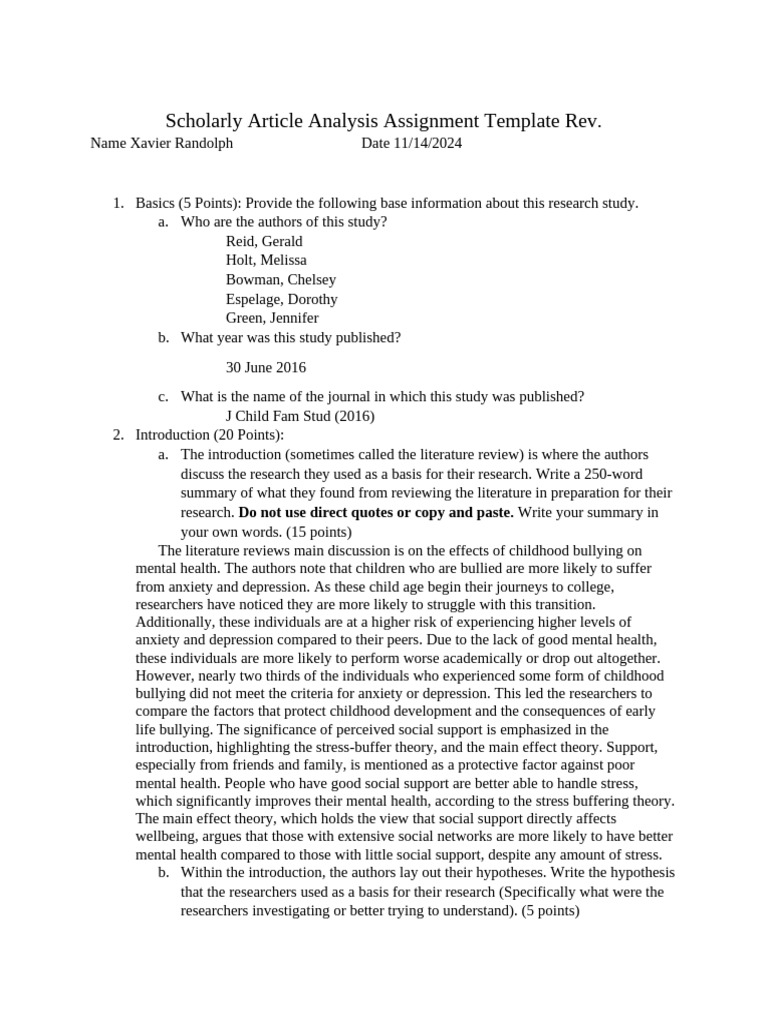 Scholarly Article Analysis Assignment Template Rev. | PDF | Social ...