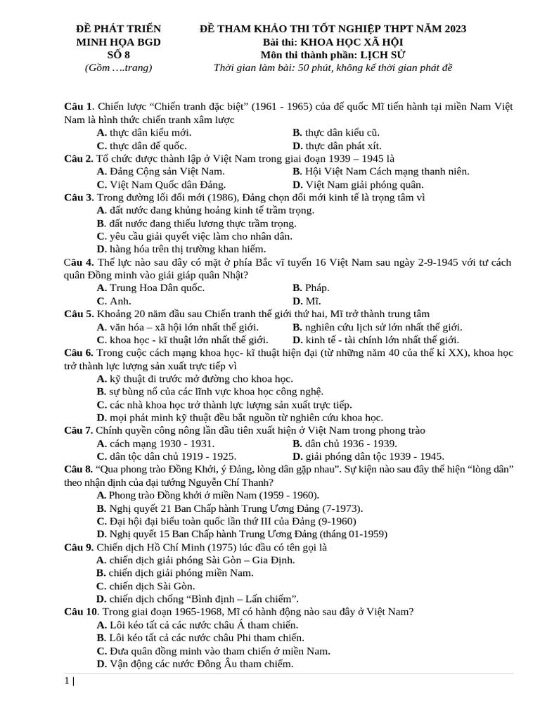 8. Đề thi thử TN THPT 2023 - Môn Lịch Sử - Biên soạn theo cấu trúc đề ...