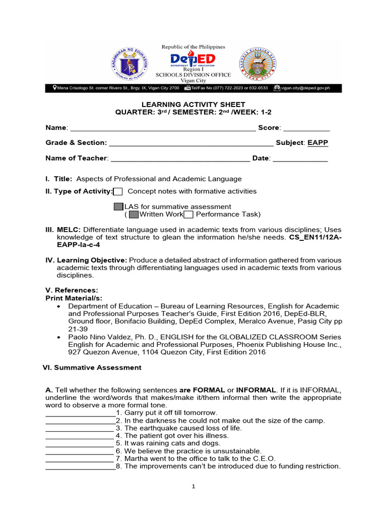Professional and Academic Language Activities | PDF