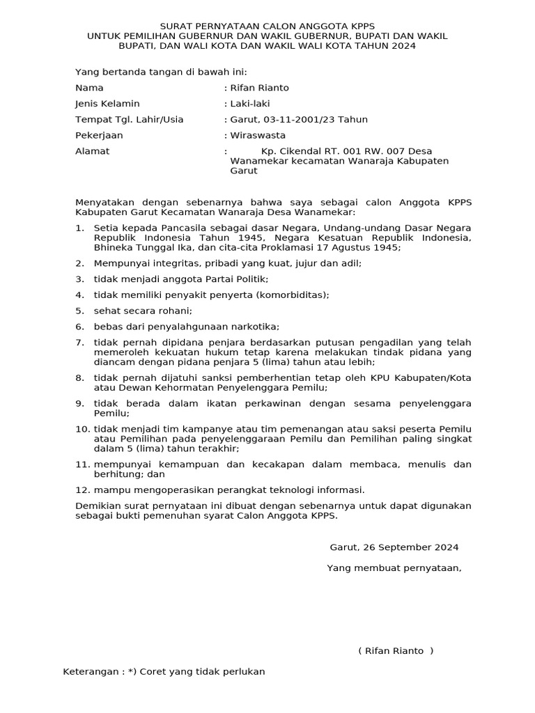 Surat Pernyataan Calon Anggota Kpps | PDF