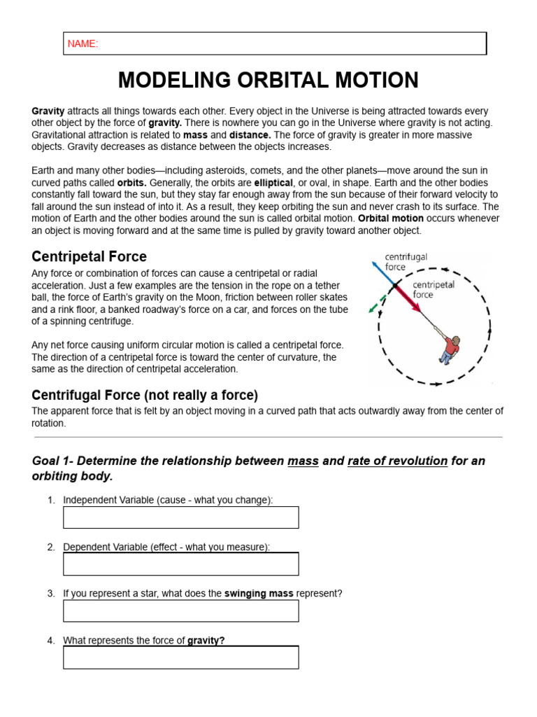 Orbital Motion Lab - Student Worksheet | PDF | Force | Orbit