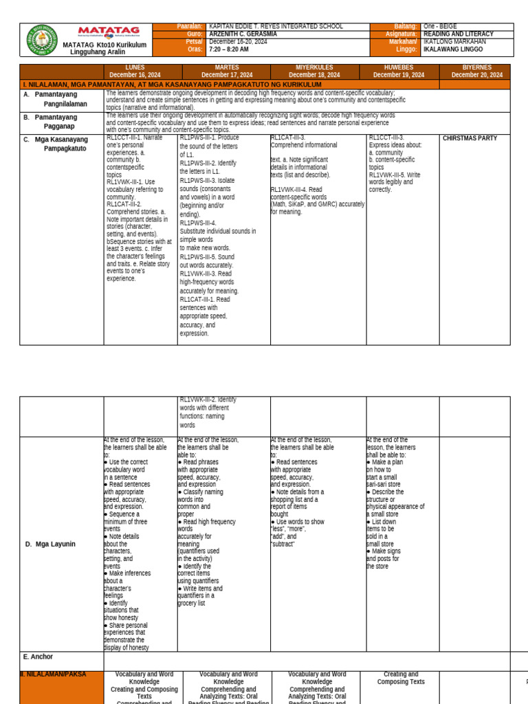Week 2 q3 Reading Literacy | PDF | Reading Comprehension | Vocabulary