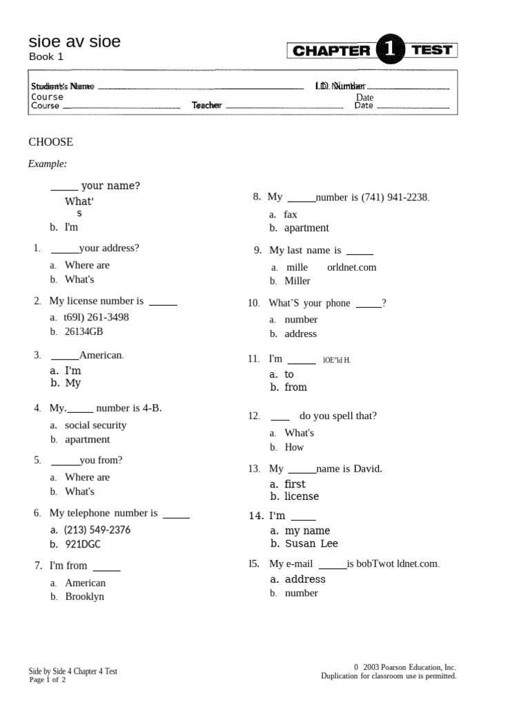 Side by Side Book 1 Chapter 4 Test | PDF