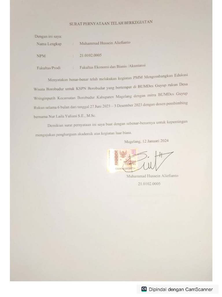 Surat Pernyataan Telah Berkegiatan - Muhammad Hussein Aliefianto - 21.0102.0005 | PDF