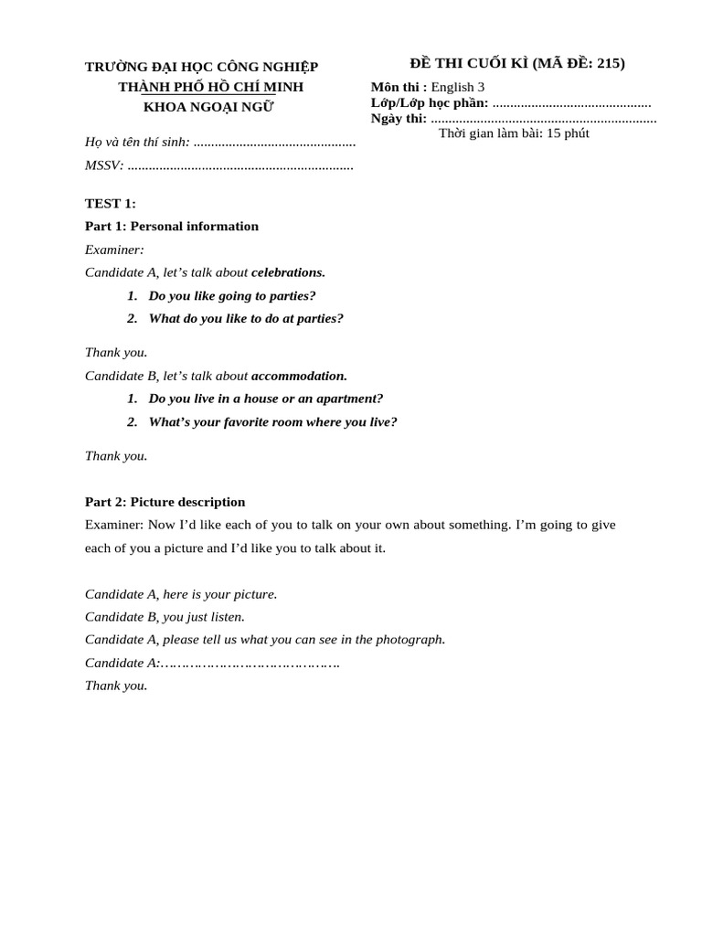 Sample Speaking Test (English 3) | PDF
