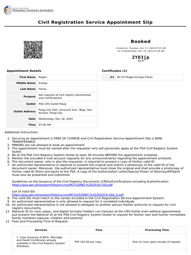 Civil Registration Appointment Slip | PDF