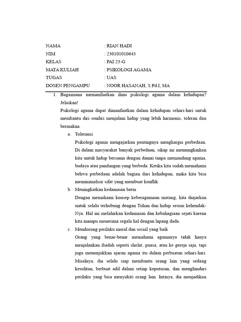 Uas Psikologi Agama RIAN HADI 230101010643 | PDF