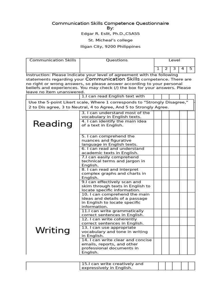 English Language Competence Questionnaire | PDF | English Language | Accent (Sociolinguistics)