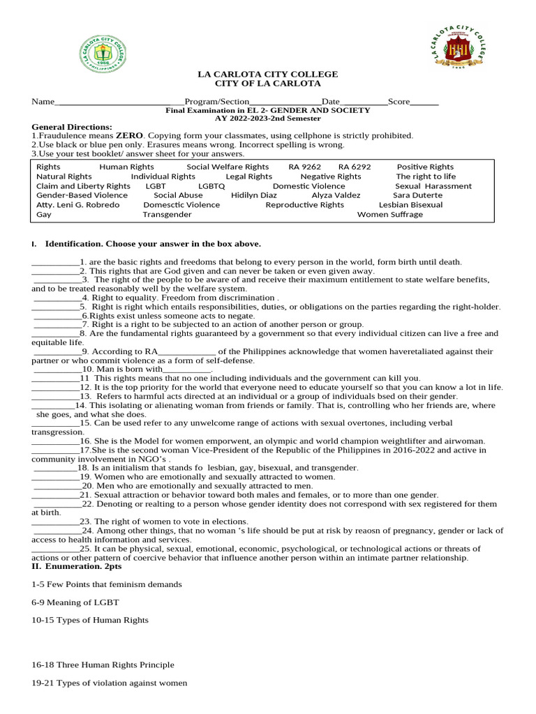 Final Exams on Gender and Society | PDF | Morality | Social Psychology