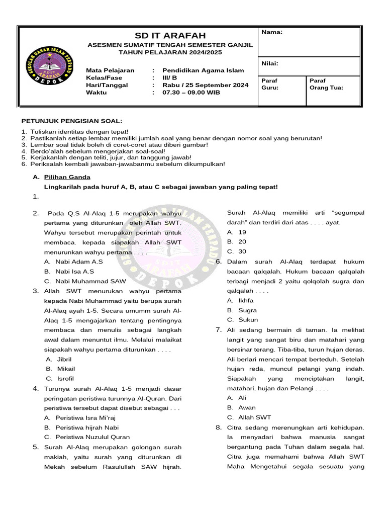 Pai Kelas 3 Soal Asts 2425 | PDF