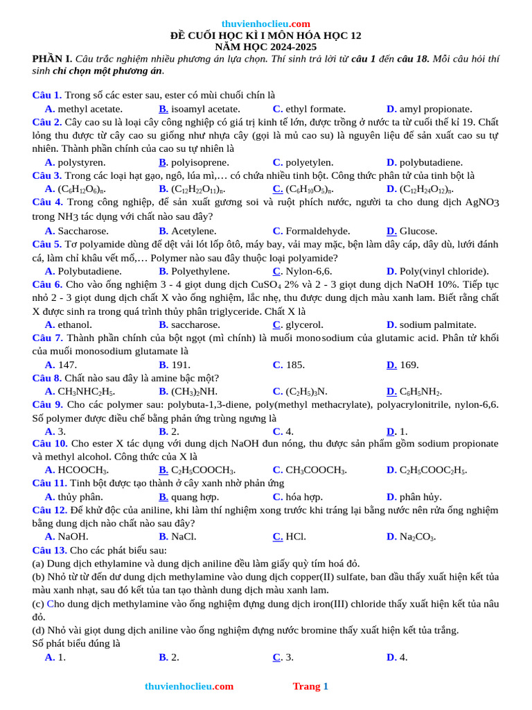 De Kiem Tra Cuoi HK1 Hoa 12 Canh Dieu 24 25 | PDF
