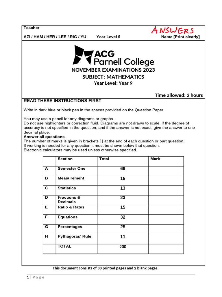 2023 Year 9 S2 Exam MS | PDF | Mathematics | Elementary Mathematics