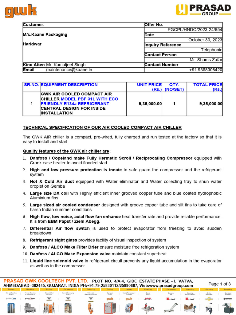 Kaane Packaging Revised Offer GWK Air Chiller - PBF | PDF | Engineering ...