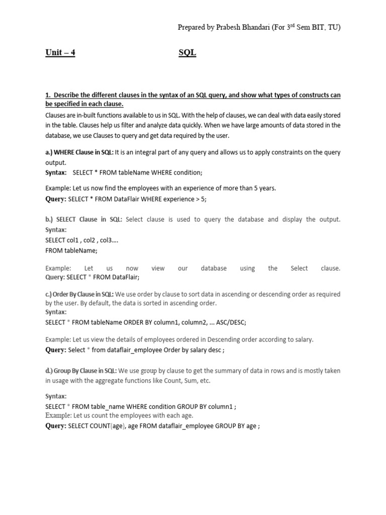 Unit 4 SQL Bitinfonepal | PDF | Relational Database | Table (Database)