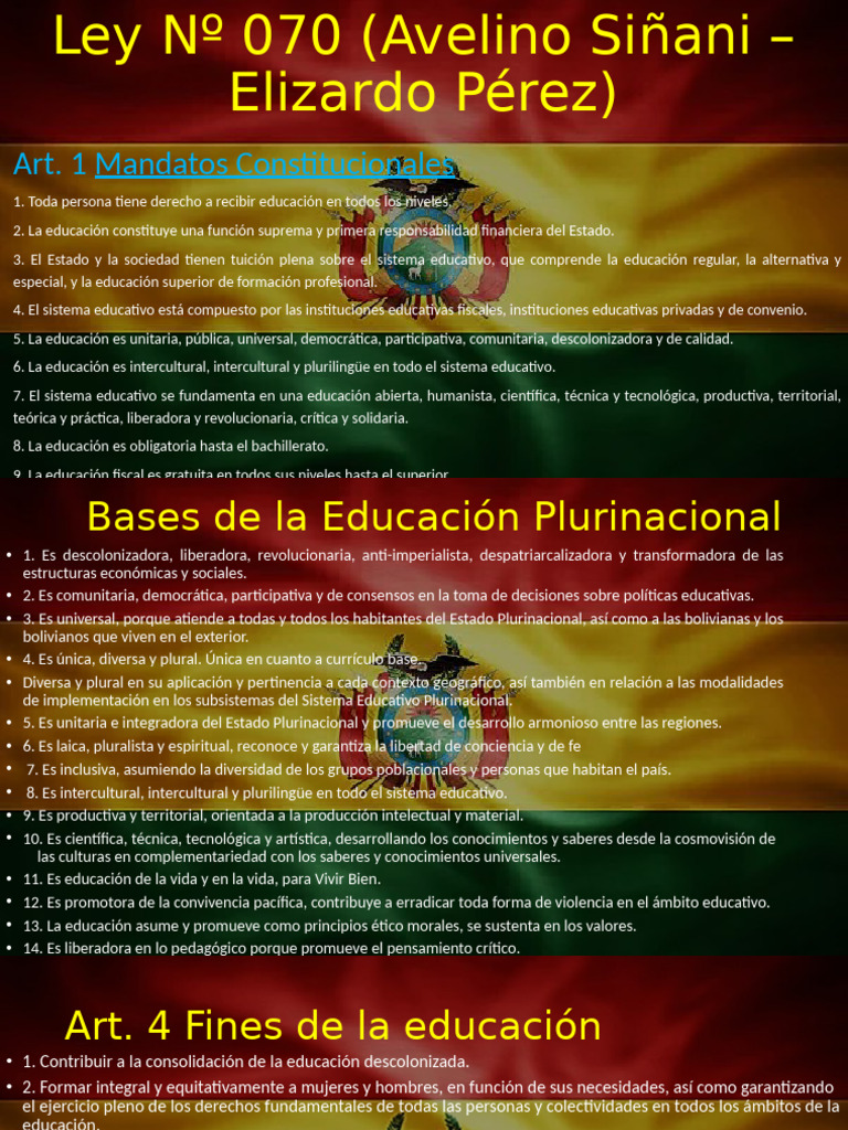 Ley #070 (Avelino Siñani - Elizardo | PDF | Plan de estudios | Educación de la primera infancia