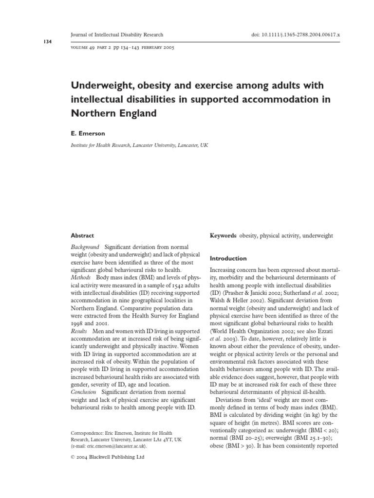 Underweight, Obesity and Exercise Among Adults With Intellectual Disabilities in Supported ...
