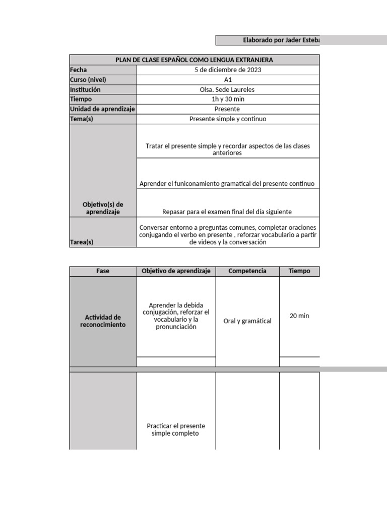 plan de clase ELE2 (1) | PDF | Verbo | Léxico