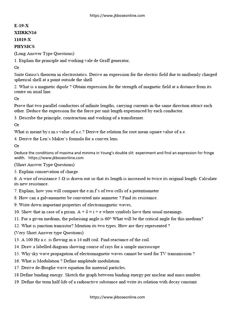 Class 12 physics jkbose question paper previous year one | PDF ...