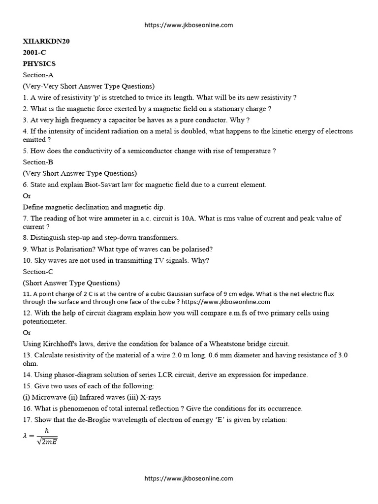 JK Bose Class 12 Physics 2001 Year | PDF | Electrical Resistivity And Conductivity | Capacitor