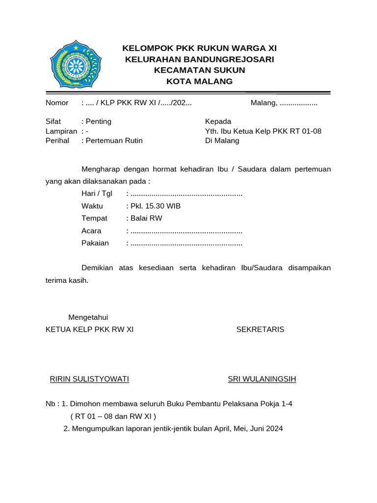 Pertemuan Rutin PKK RW XI Malang | PDF