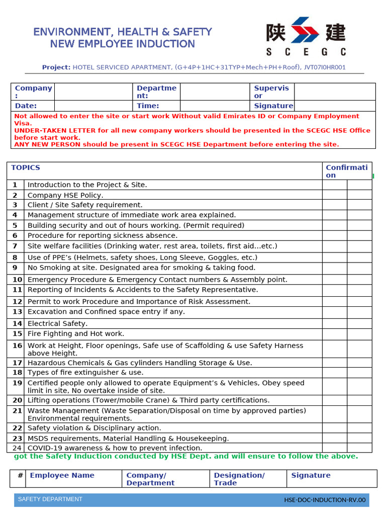 Hse-Doc-Induction-New Employee-Rv.00 | PDF | Occupational Safety And ...