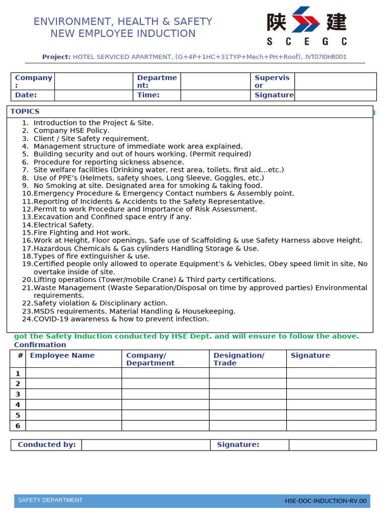 HSE-DOC-INDUCTION-NEW EMPLOYEE-1page-RV.00 | PDF | Occupational Safety ...