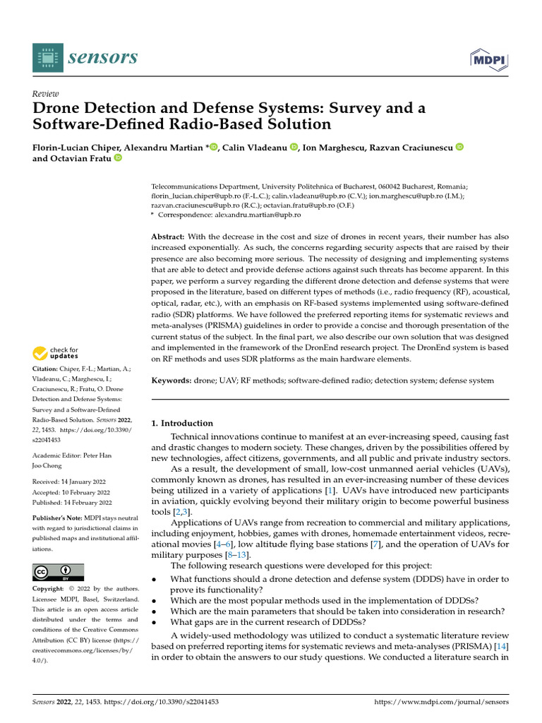 Drone Detection and Defense Systems Survey and a Software-Defined Radio-Based Solution | PDF ...