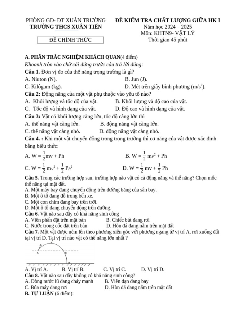 Đề Ktra Khtn9-Vật Lý-giữa Hki | PDF
