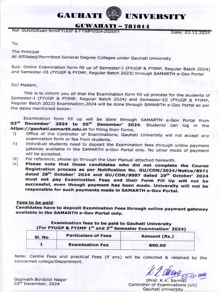 Gauhati Univ Exam Form Fill-Up 2024 | PDF | Payments