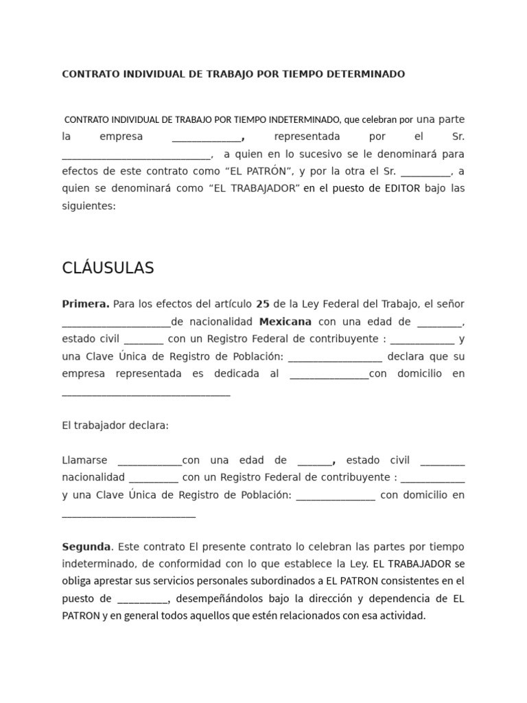 Plantilla de Contrato-por-tiempo-determinado-en-México | PDF | Salario | Derecho laboral