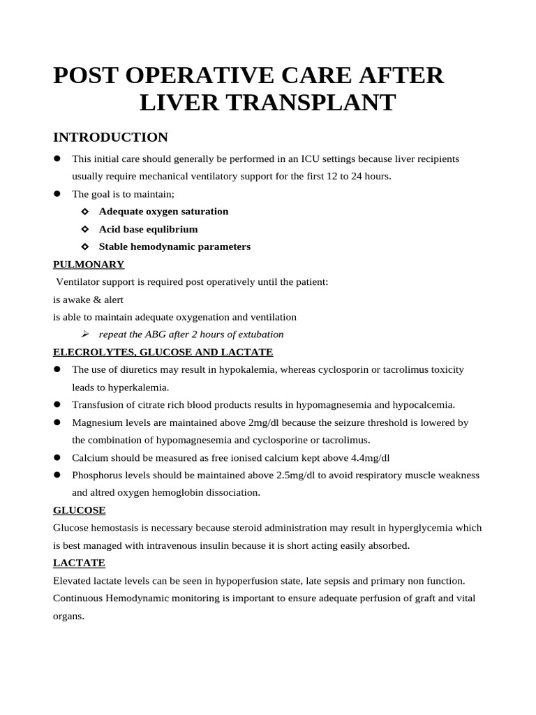 Post-Operative Care for Liver Transplant | PDF | Medical Specialties ...