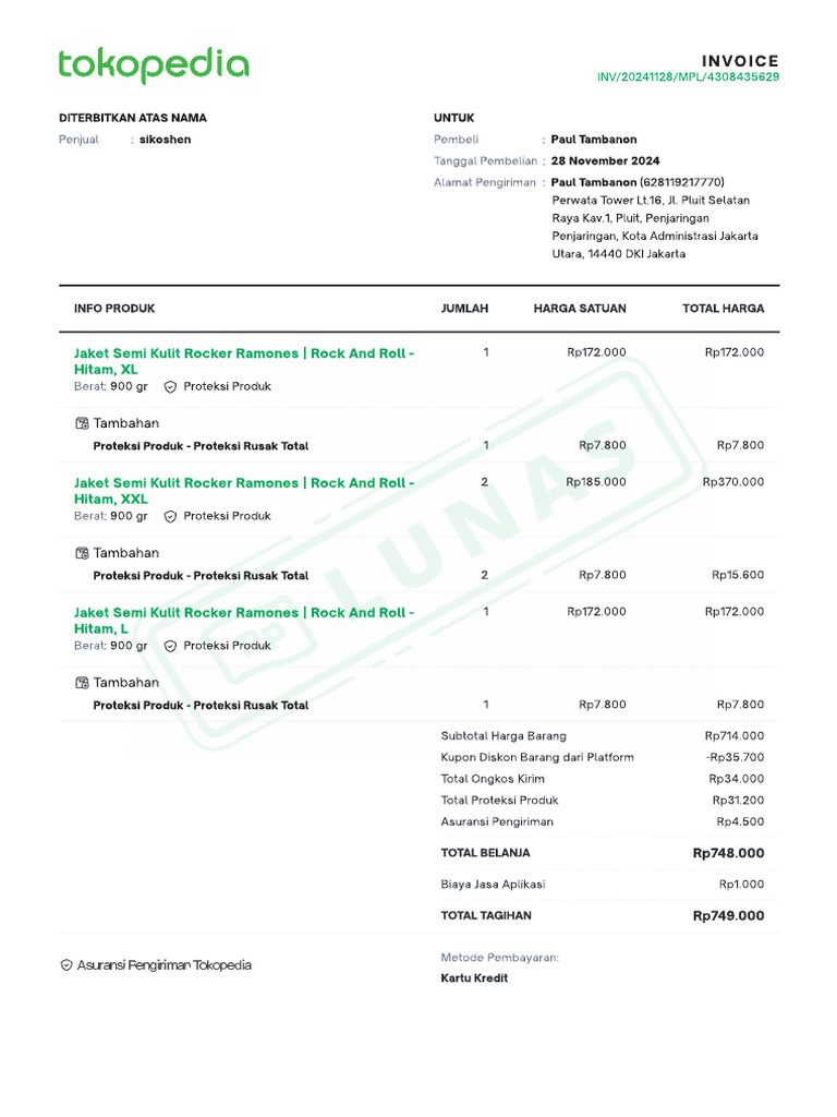 Invoice _ Tokopedia Jacket Kulit - 28112024 | PDF
