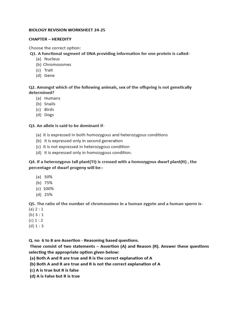 Heredity Biology Revision Worksheet | PDF | Zygosity | Genetics