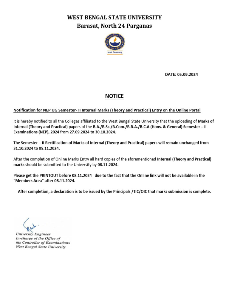Notice for Internal Marks entry of Semester-II(NEP SYSTEM) 2024 WBSU | PDF