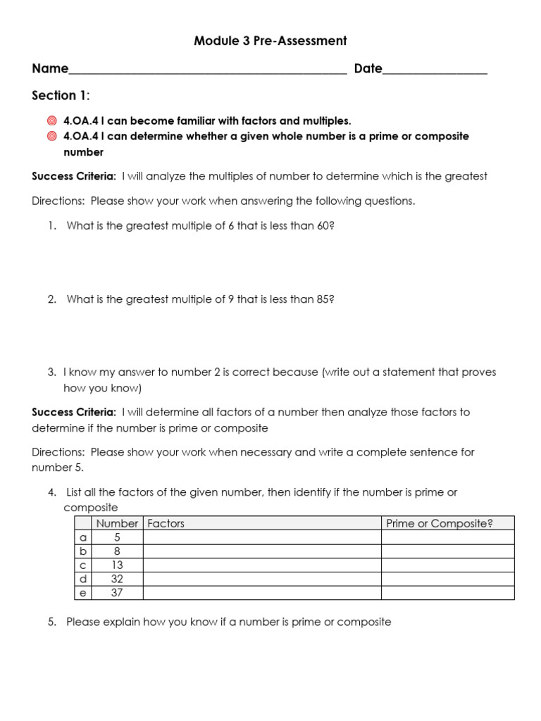 Module 3 Pre-Assessment Name - Date - Section 1 | PDF | Division (Mathematics) | Elementary ...