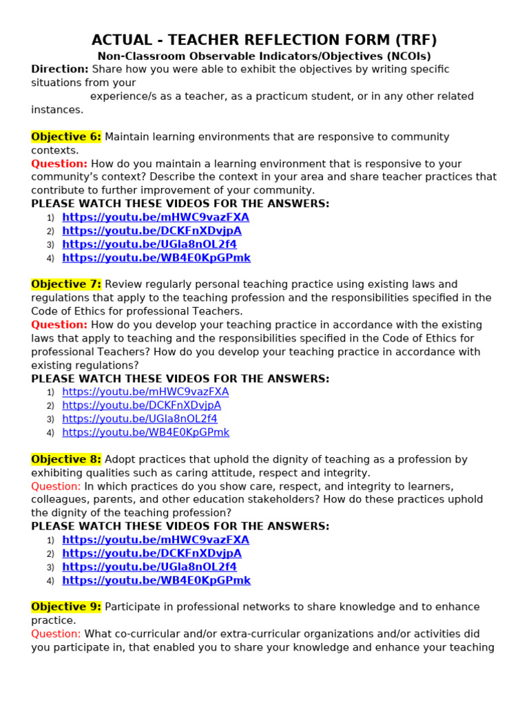 Teacher Reflection Form Guide | PDF | Teachers | Learning