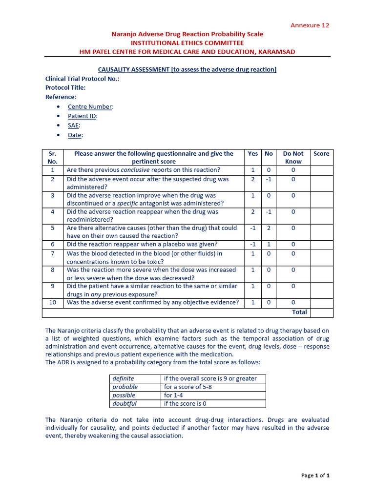 Naranjo Adverse Drug Reaction Probability Scale | PDF | Adverse Effect ...