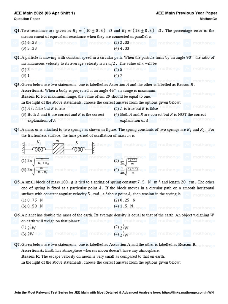 JEE Main 2023 (06 Apr Shift 1) Previous Year Paper With Answer Keys ...