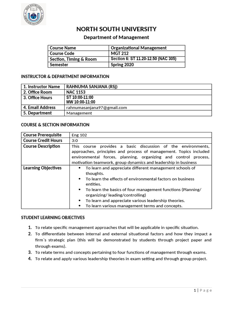 mgt_212_course_outline | PDF | Leadership | Strategic Management